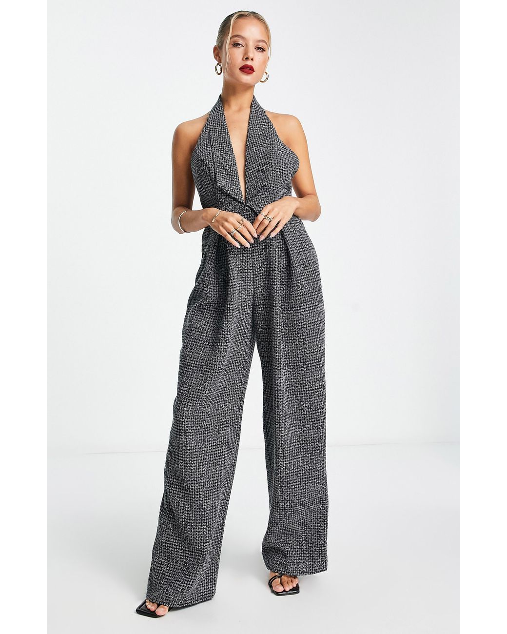 Asos Plunge Neck Halter Wide Leg Jumpsuit In Blue Lyst