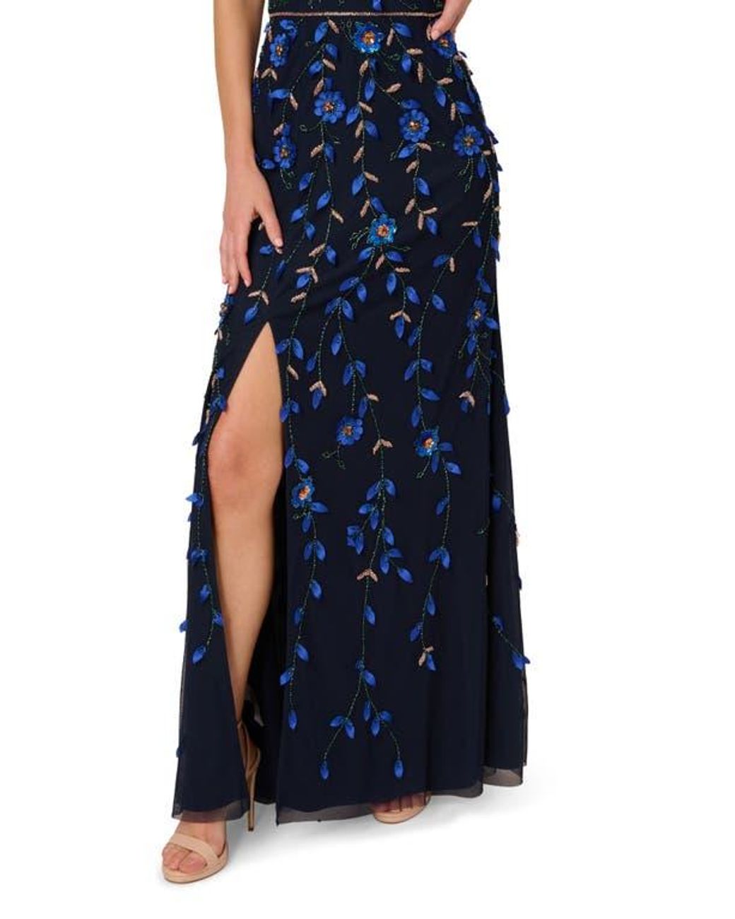 Adrianna Papell 3D Floral Beaded One-Shoulder A-Line Gown in Blue | Lyst