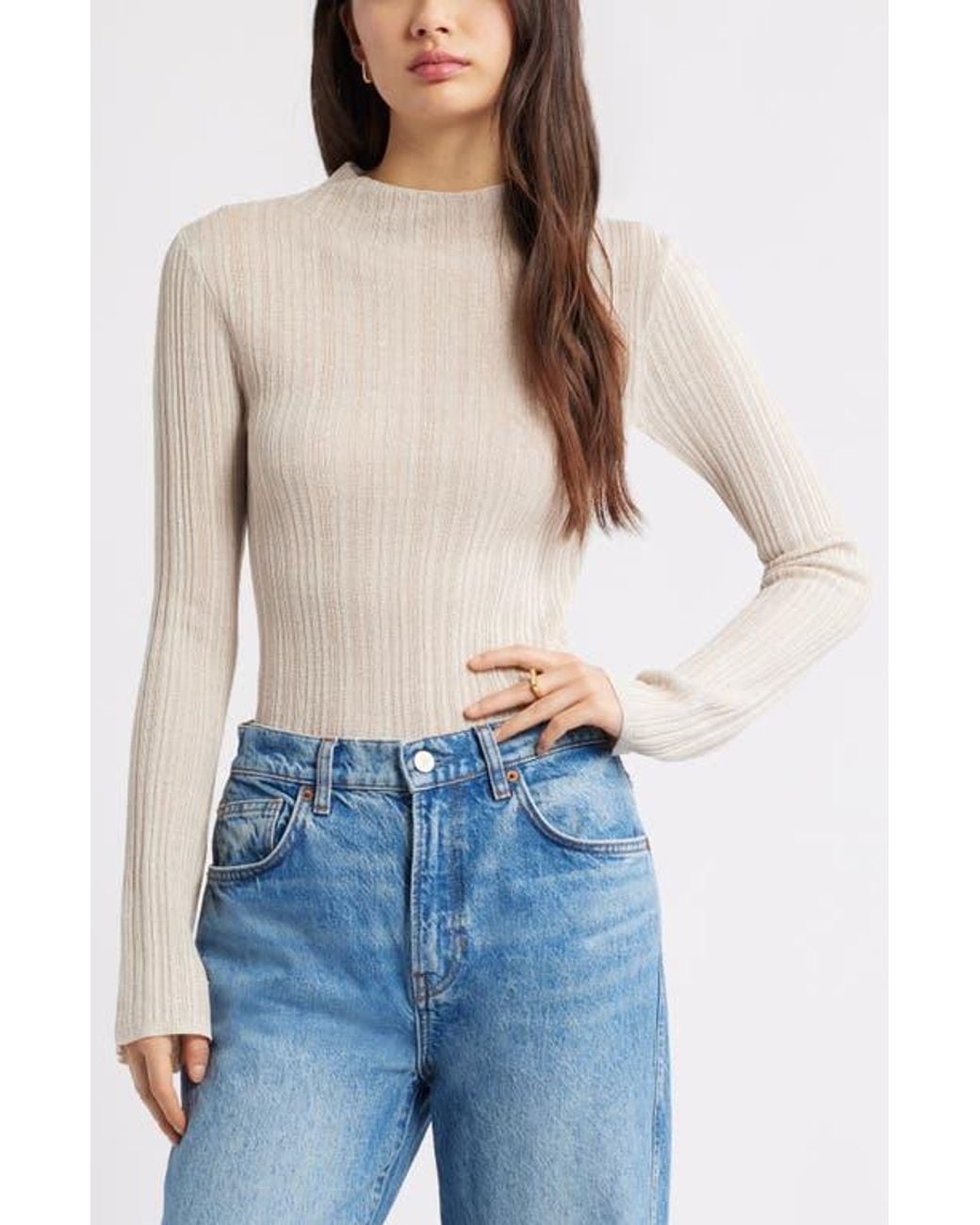 Open Edit Open Stitch Linen Blend Mock Neck Sweater in Blue | Lyst