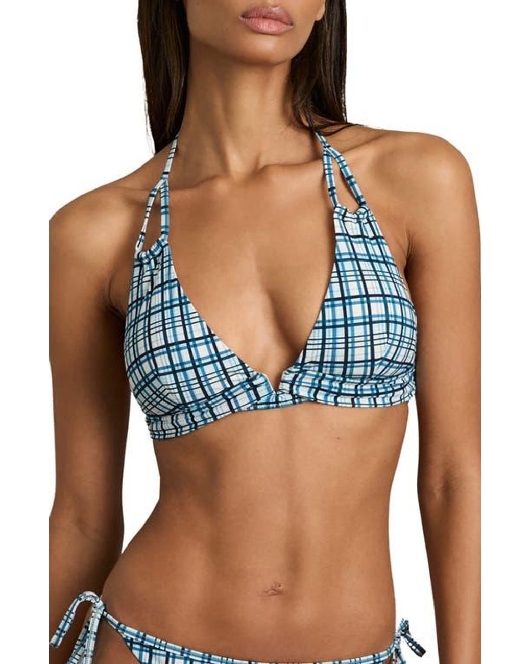 Reiss Daniella Plaid Halter Bikini Top in Blue | Lyst
