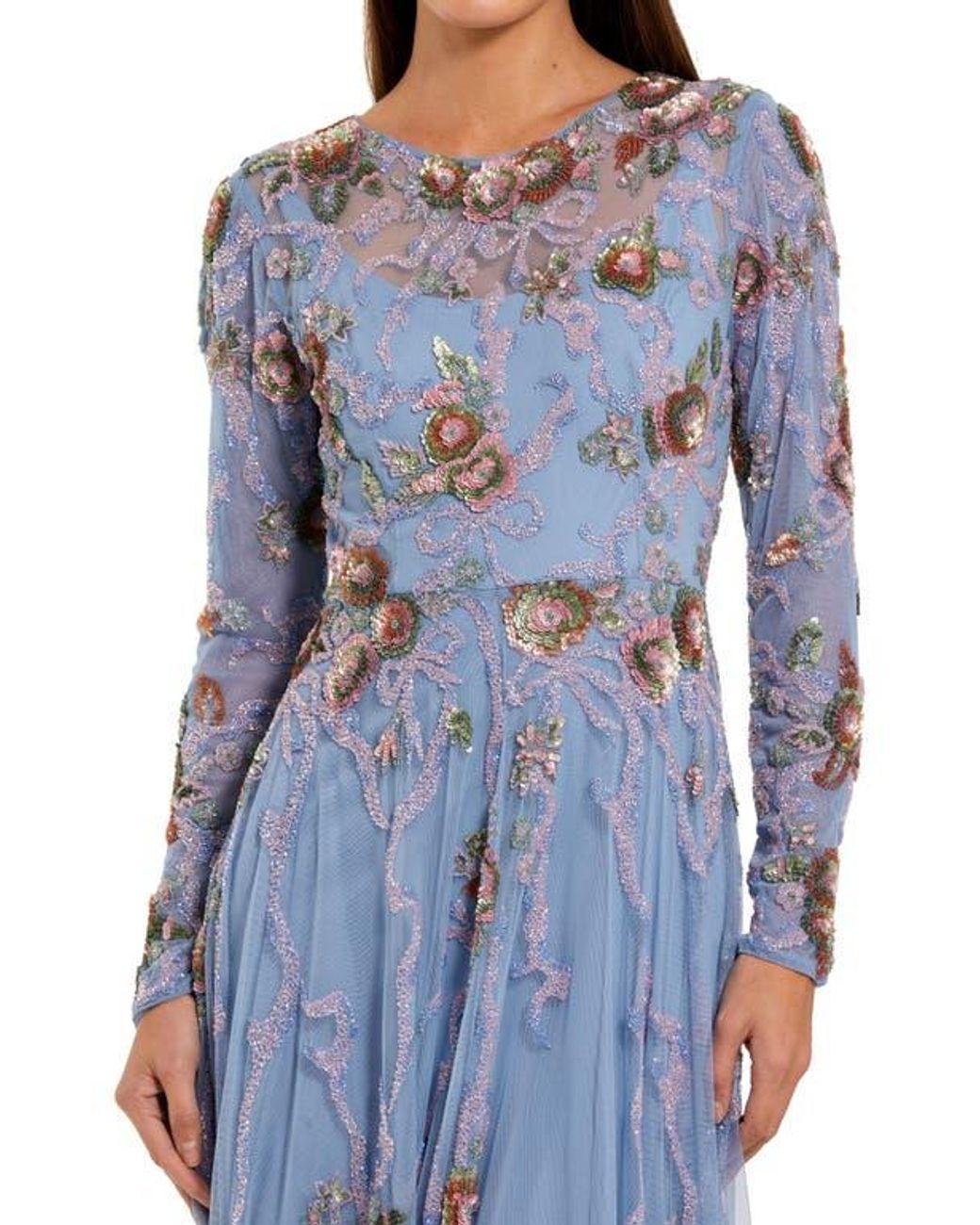 Mac Duggal Long Sleeve Embellished Floral A-Line Evening Gown in Blue ...