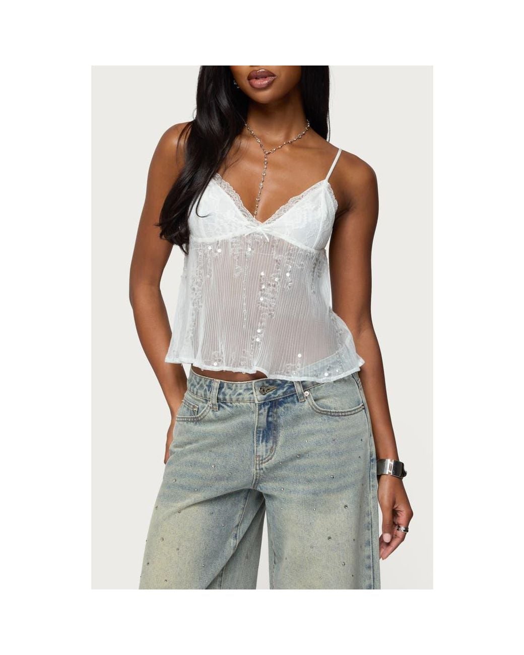Edikted Sheer Sequin Mesh Babydoll Camisole in Blue | Lyst