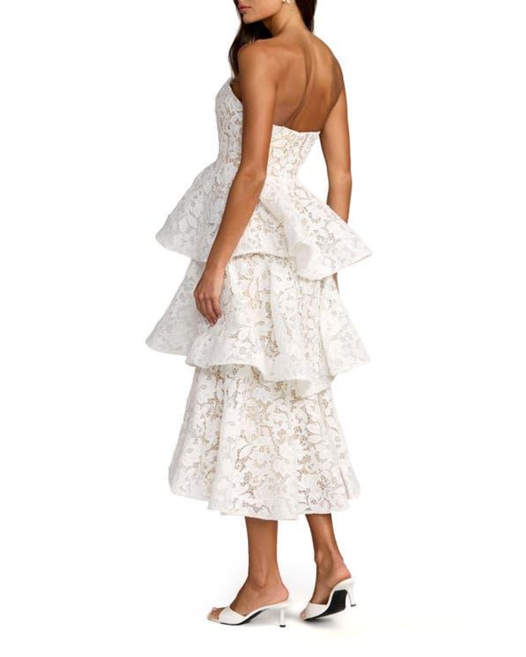 Mac Duggal Strapless Lace Tiered Floral Detail Midi Dress in White | Lyst