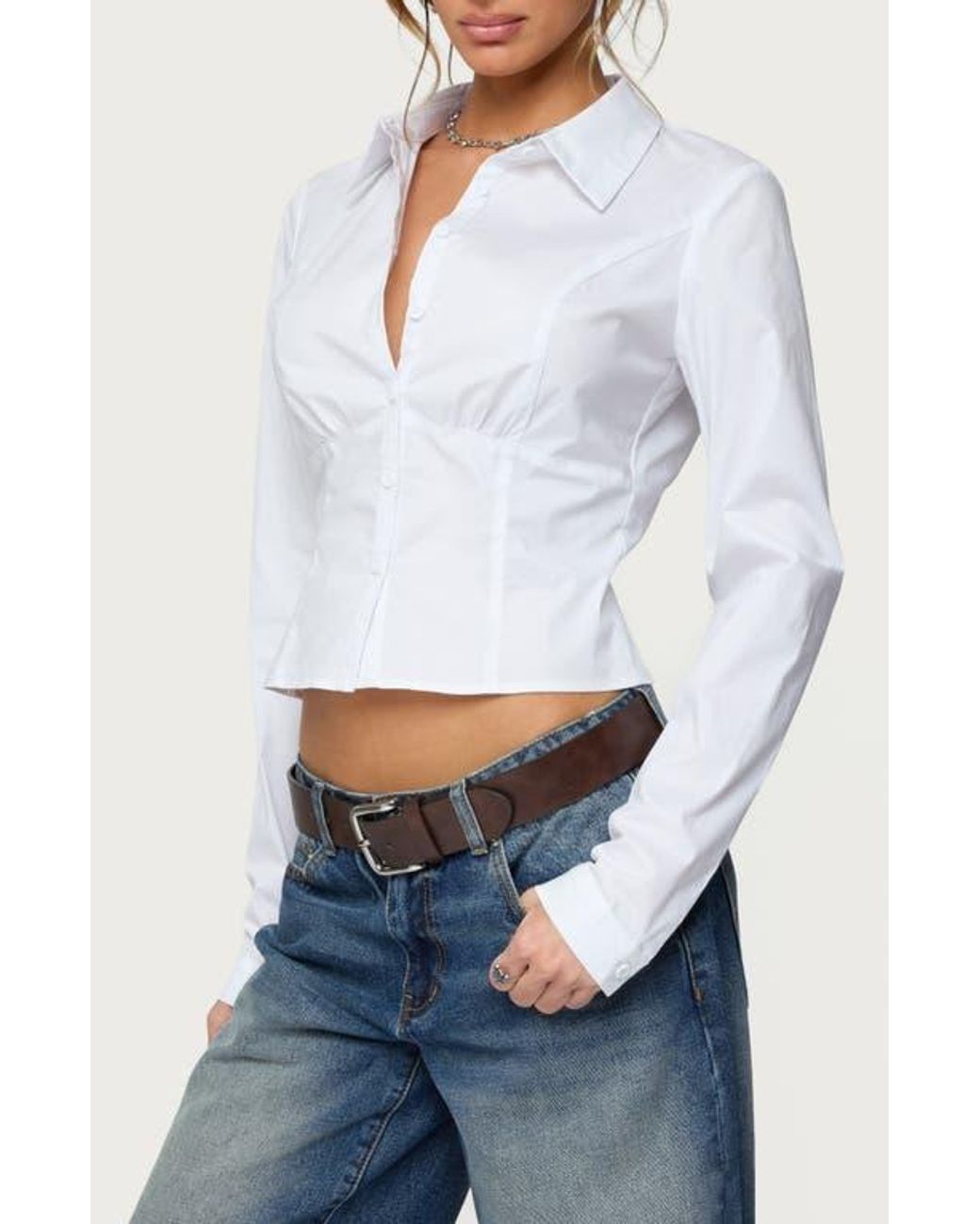 Edikted Laurna Crop Stretch Cotton Poplin Button-Up Shirt in White | Lyst