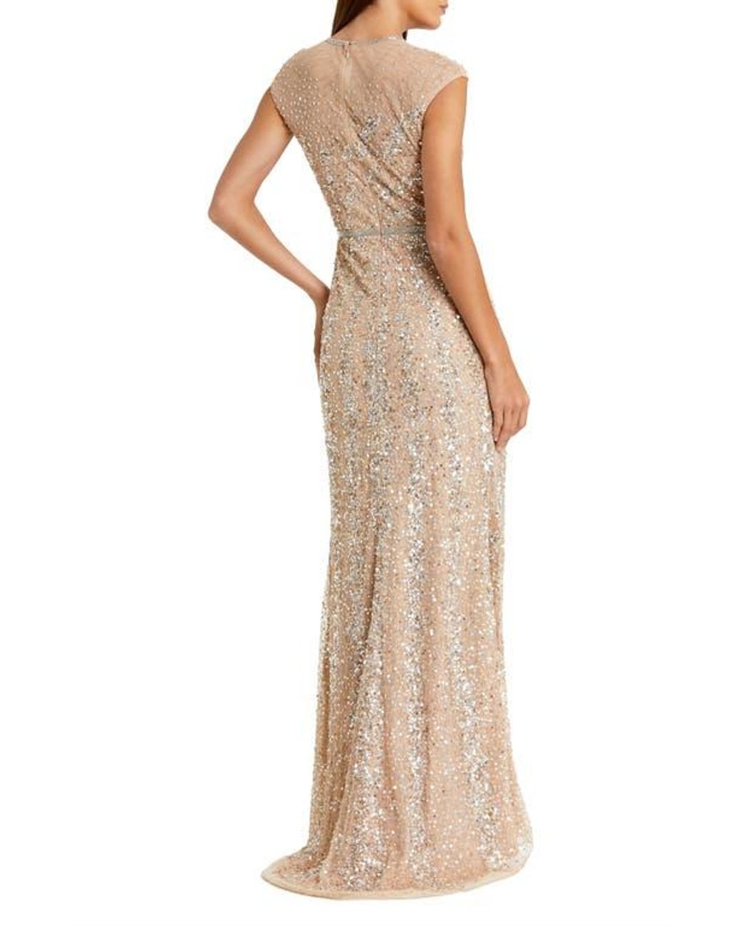 Mac Duggal Embellished Illusion High Neck Cap Sleeve Gown in Brown | Lyst