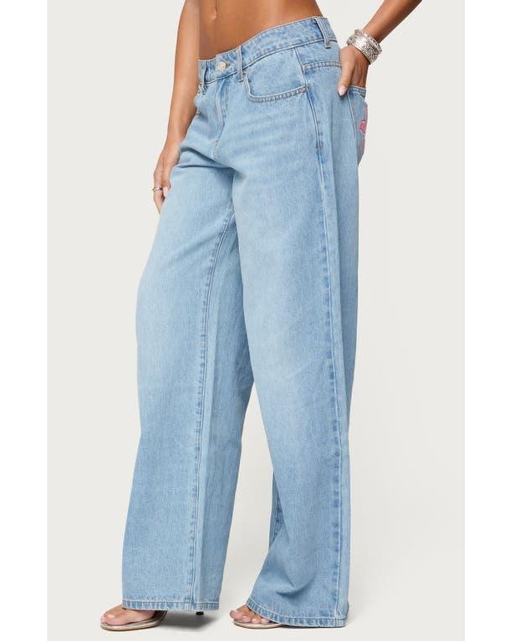 Edikted Mirra Flower Pocket Low Rise Wide Leg Jeans in Blue | Lyst