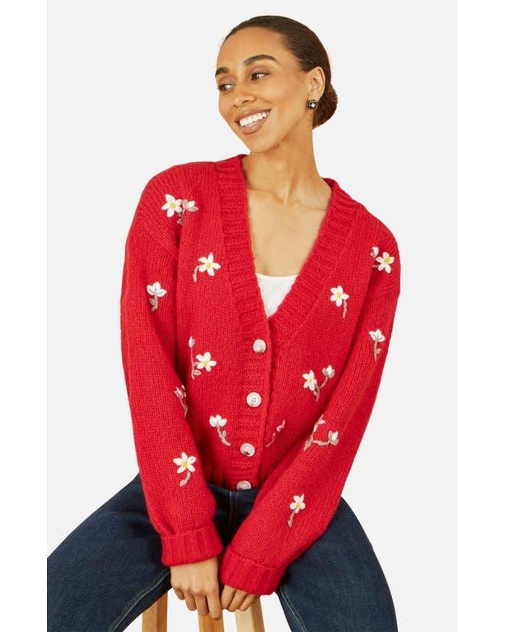 Yumi' Hand Embroidered Chunky Knitted Cardigan | Lyst