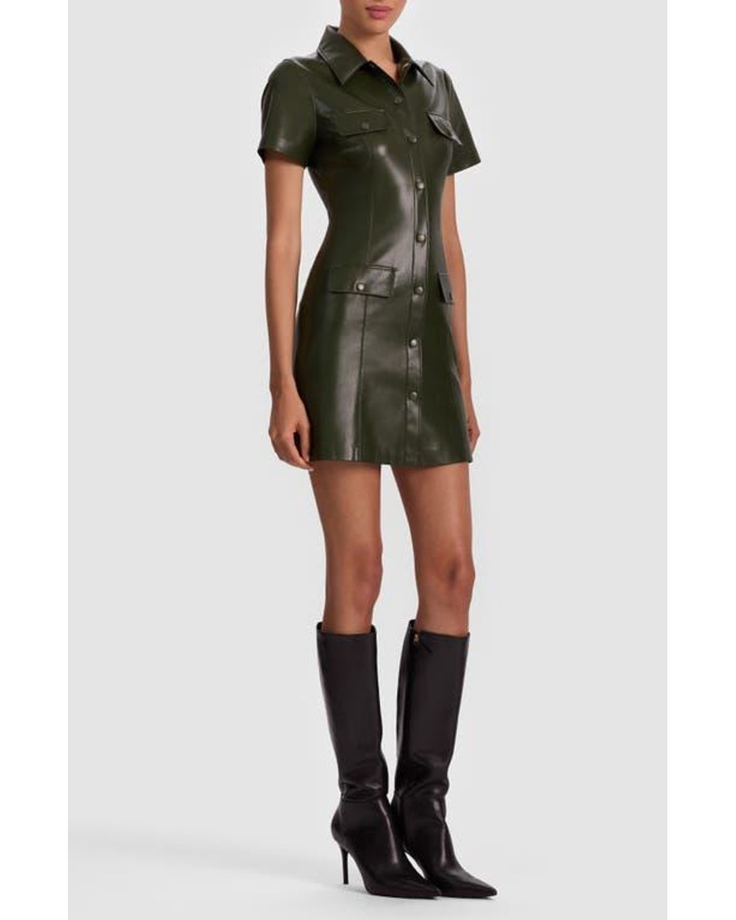Alice + Olivia Jamie Faux Leather Mini Shirtdress in Green | Lyst
