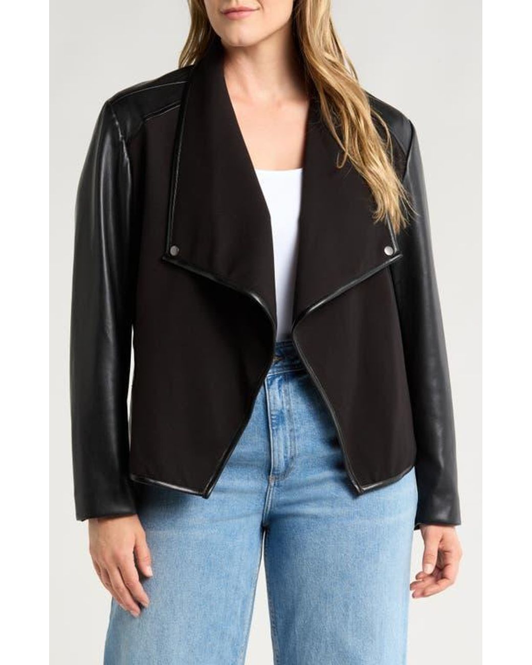 Bagatelle Drape Faux Leather Sleeve Mixed Media Jacket in Black Lyst