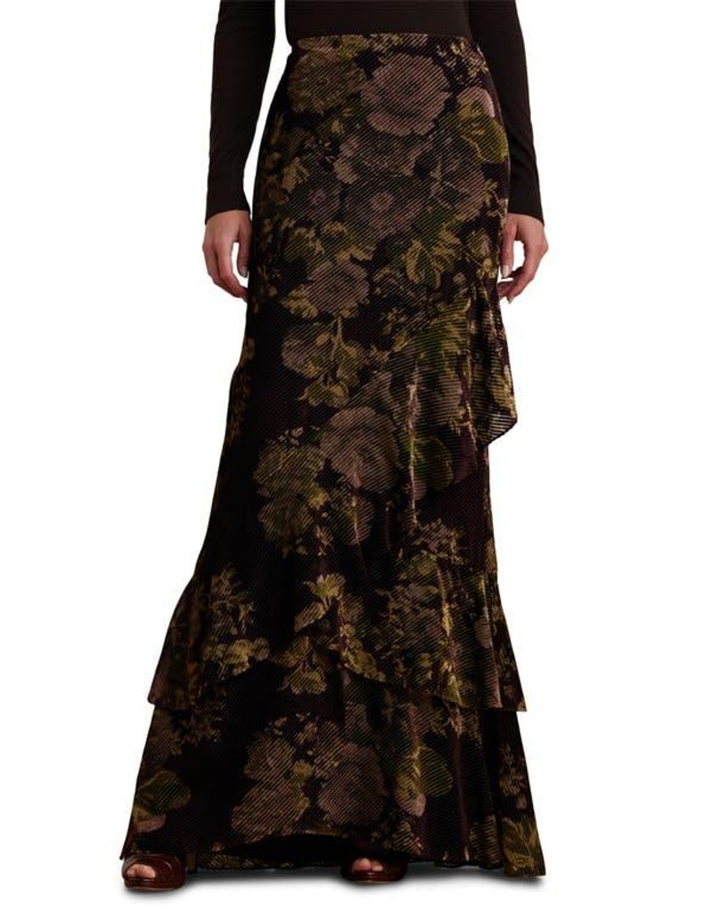 Ralph Lauren Tiered Floral Velvet Maxi Skirt in Black | Lyst