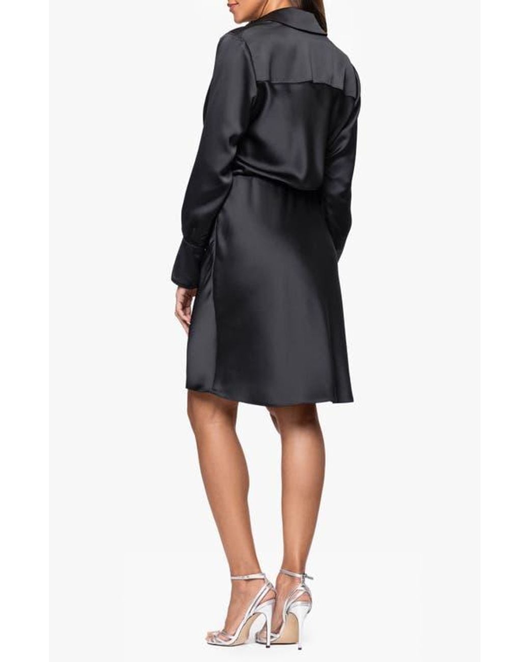 Xscape Evenings Long Sleeve Satin Wrap Cocktail Dress in Black | Lyst