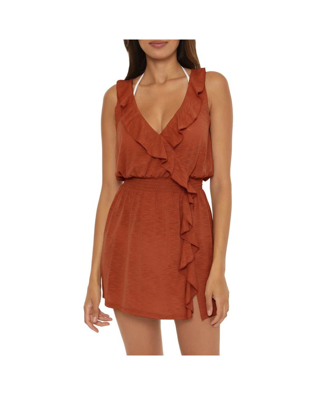 Becca Breezy Basics Ruffle Cover-Up Minidress in Brown | Lyst