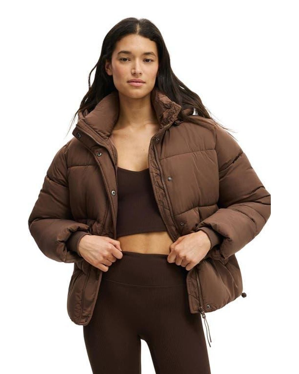 Cotton On Active The Mother Puffer Removable Hood Jacket in Brown | Lyst