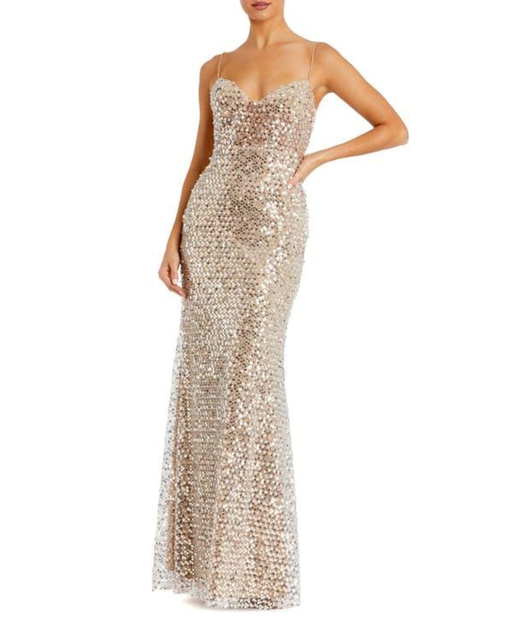 Mac Duggal Embellished Mesh Sleeveless Bustier Gown in Natural | Lyst