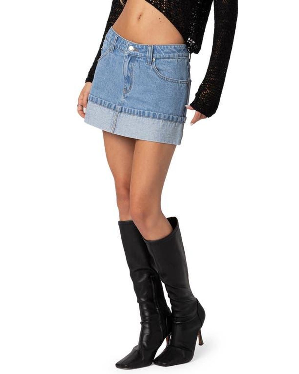 Edikted Foldover Cuff Denim Miniskirt in Blue | Lyst