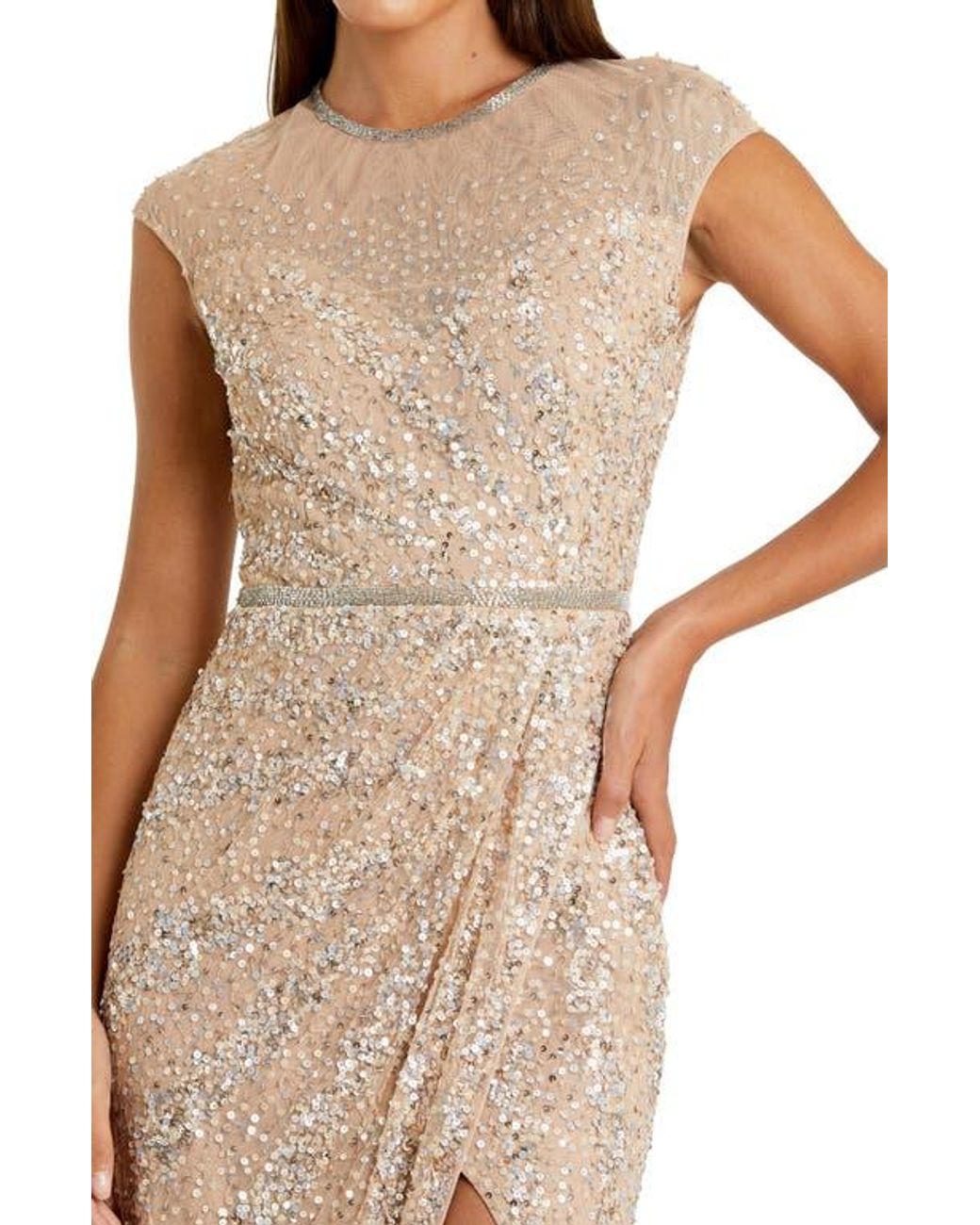 Mac Duggal Embellished Illusion High Neck Cap Sleeve Gown in Brown | Lyst