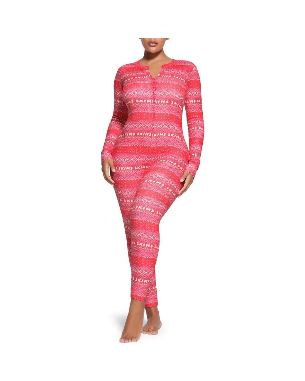 Skims Logo Plush Pointelle Henley Pajama Jumpsuit in Red | Lyst