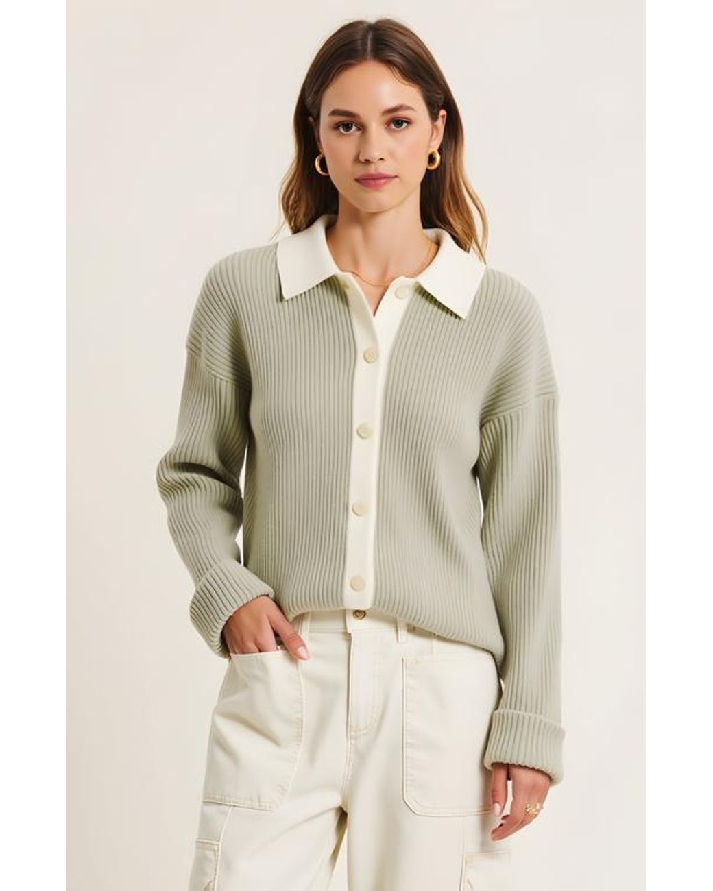 Modenaire Ribbed Knit Cardigan With Contrast Trim, Button Front And ...