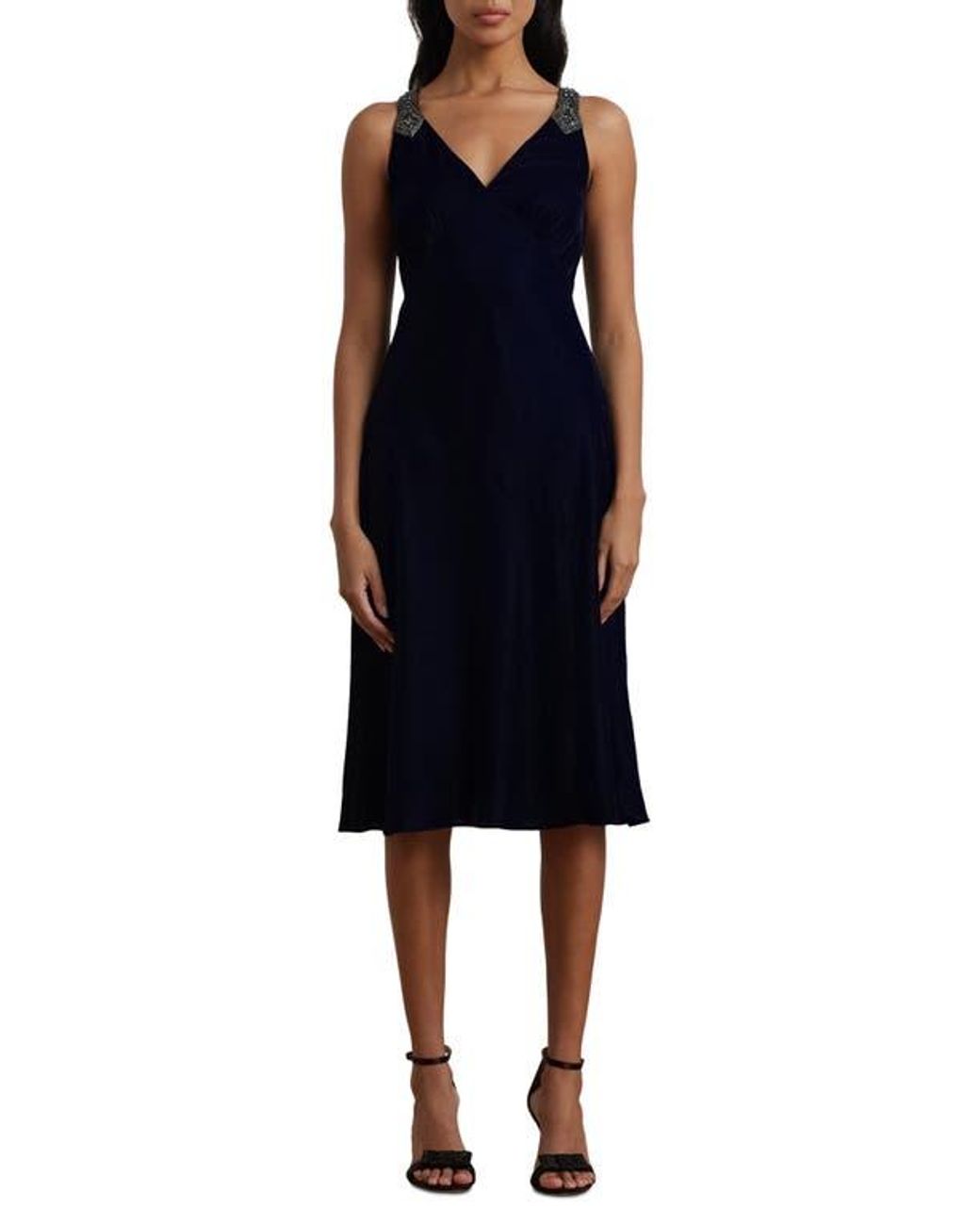 Ralph Lauren Beaded Strap Velvet Cocktail Fit & Flare Dress in Black | Lyst