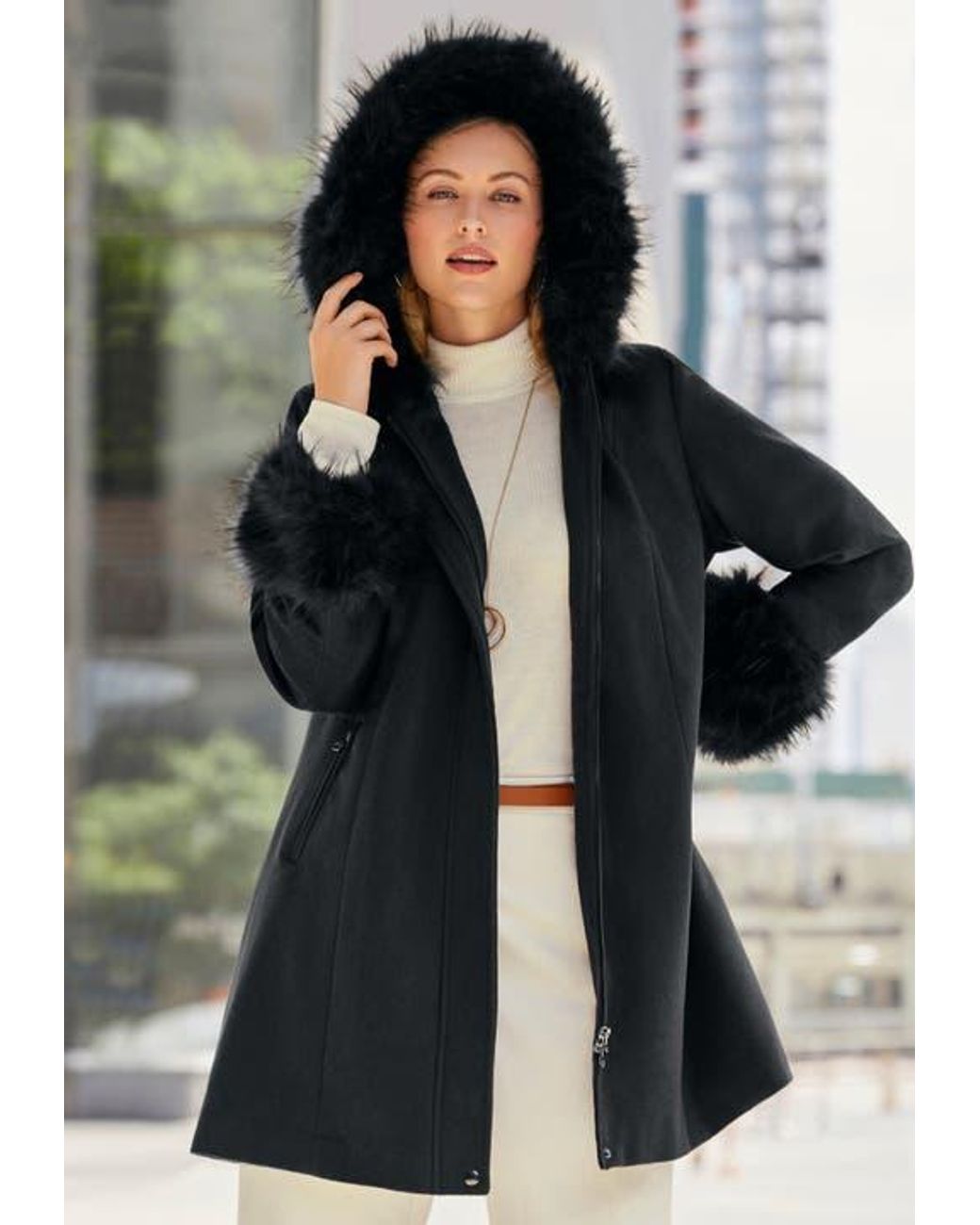 Jessica London Hooded Faux Fur Trim Coat in Black | Lyst