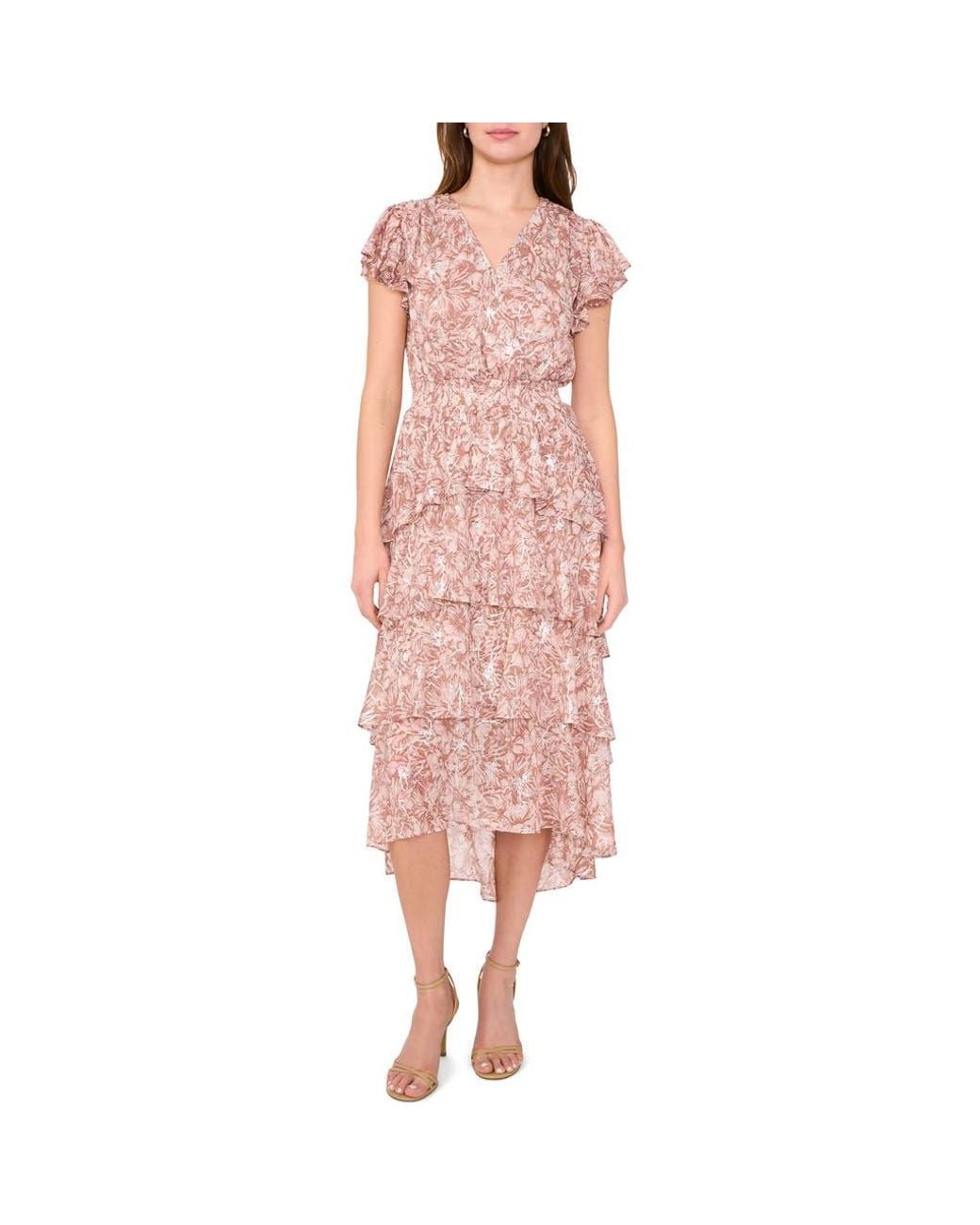 Halogen® Floral Flutter Sleeve Tiered Maxi Dress in Pink | Lyst