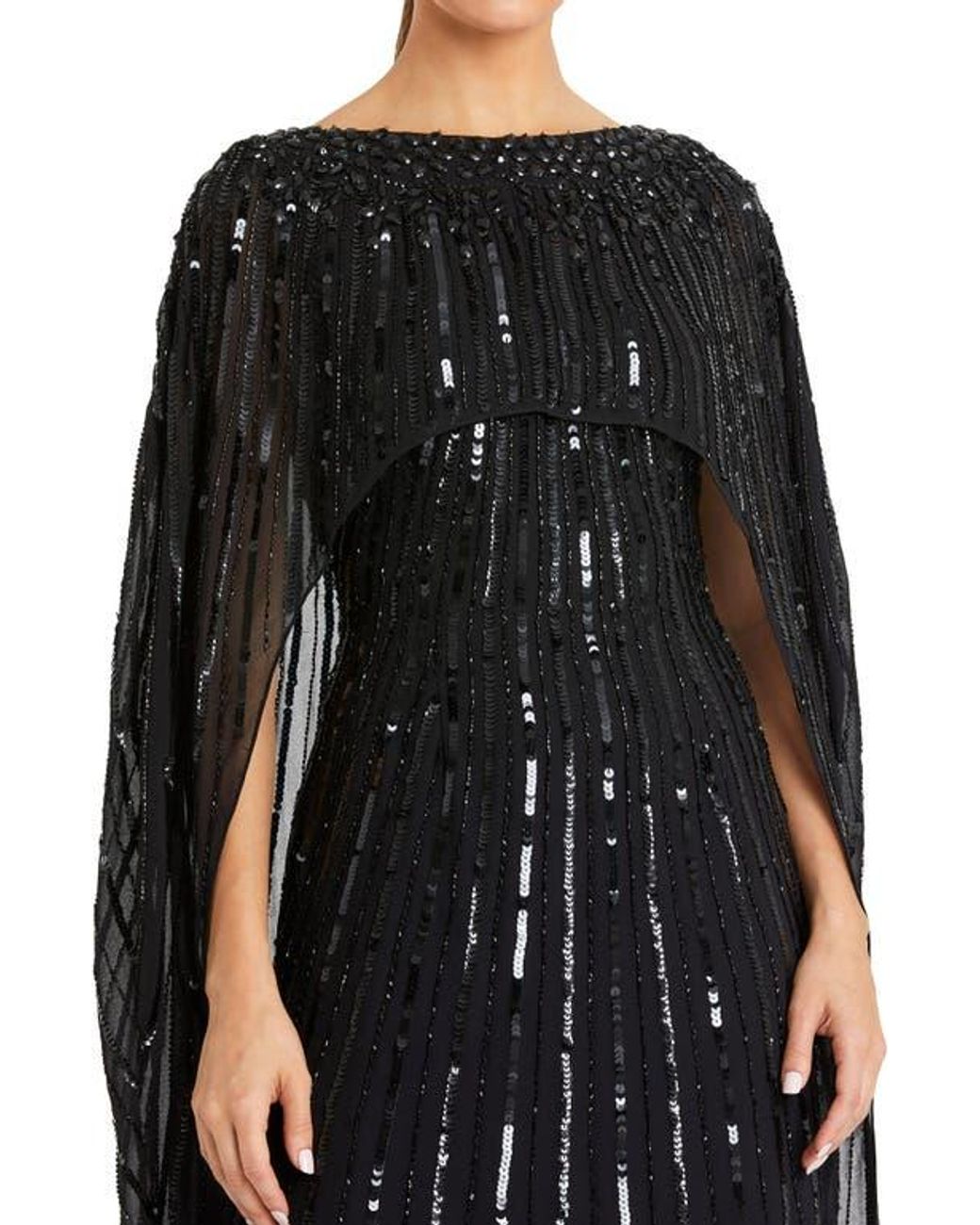 Mac Duggal Embellished Beaded Column Cape Gown in Black | Lyst