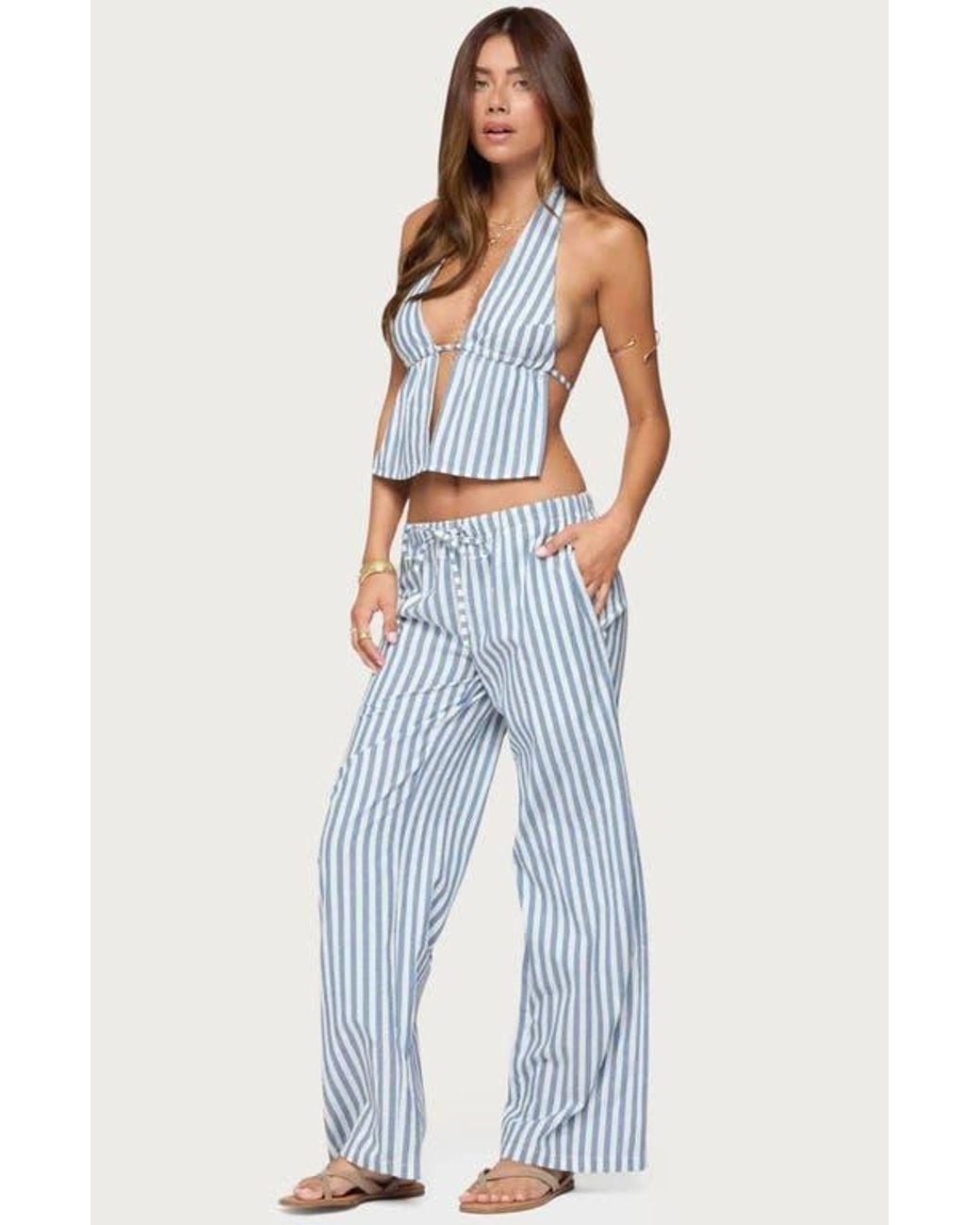 Edikted Macey Stripe Split Front Open Back Halter Top in Blue | Lyst