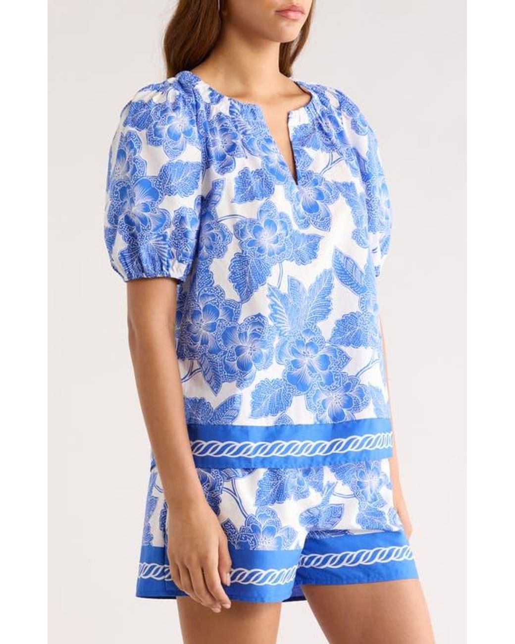Sugarlips Rency Floral Billy Puff Sleeve Top in Blue | Lyst