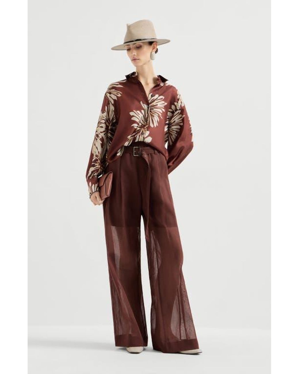 Brunello Cucinelli Bloom Print Pongee Shirt in Red | Lyst