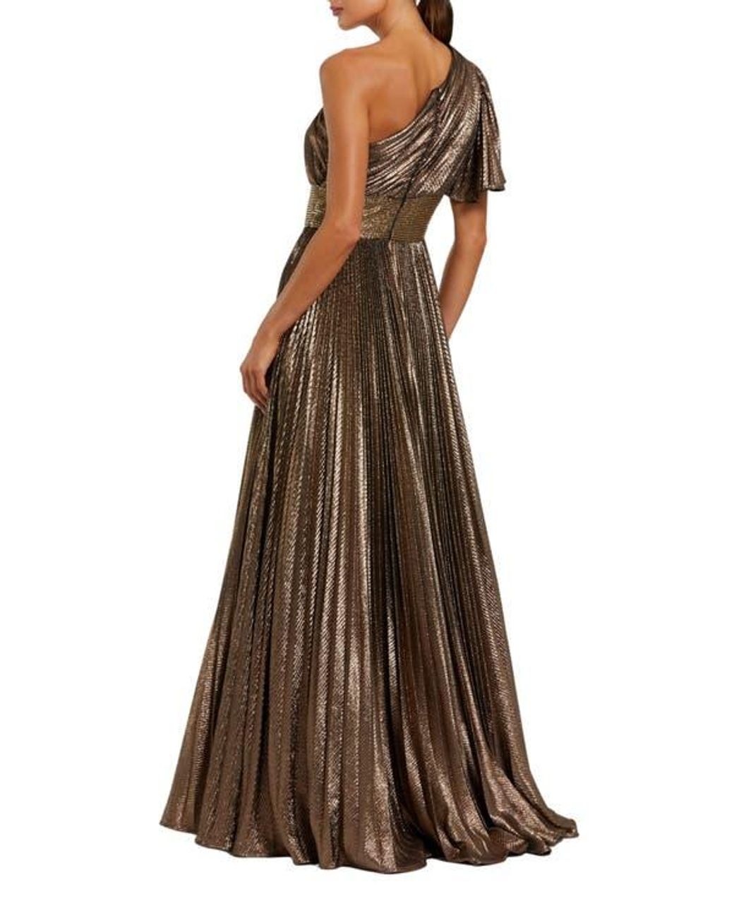 Mac Duggal One Shoulder Pleated Metallic Ballgown in Brown | Lyst