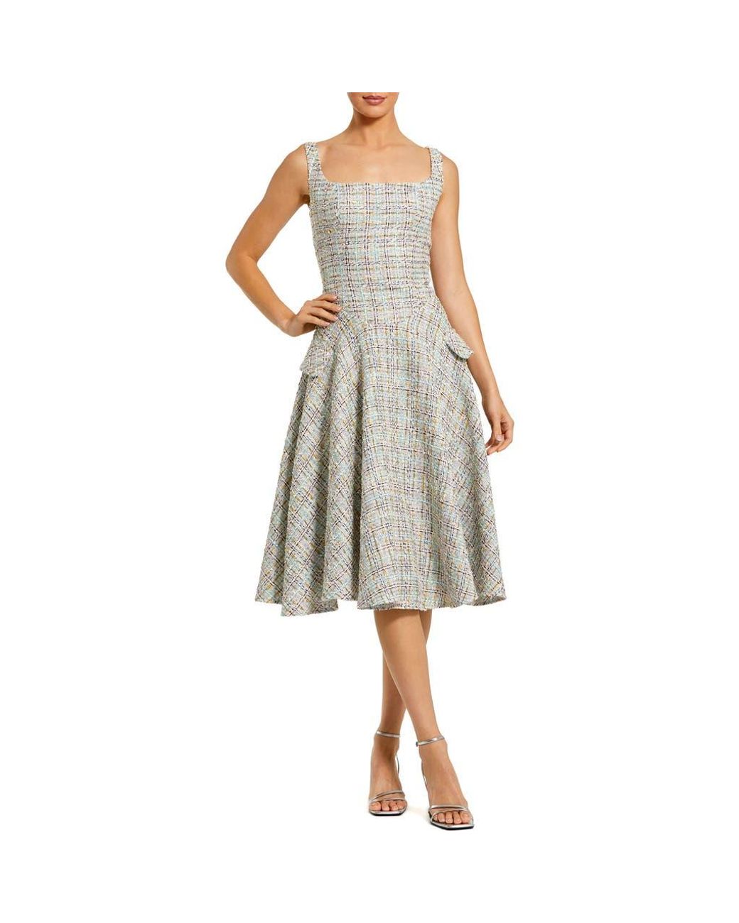 Mac Duggal Sleeveless Drop Waist Boucle Midi Dress in White | Lyst