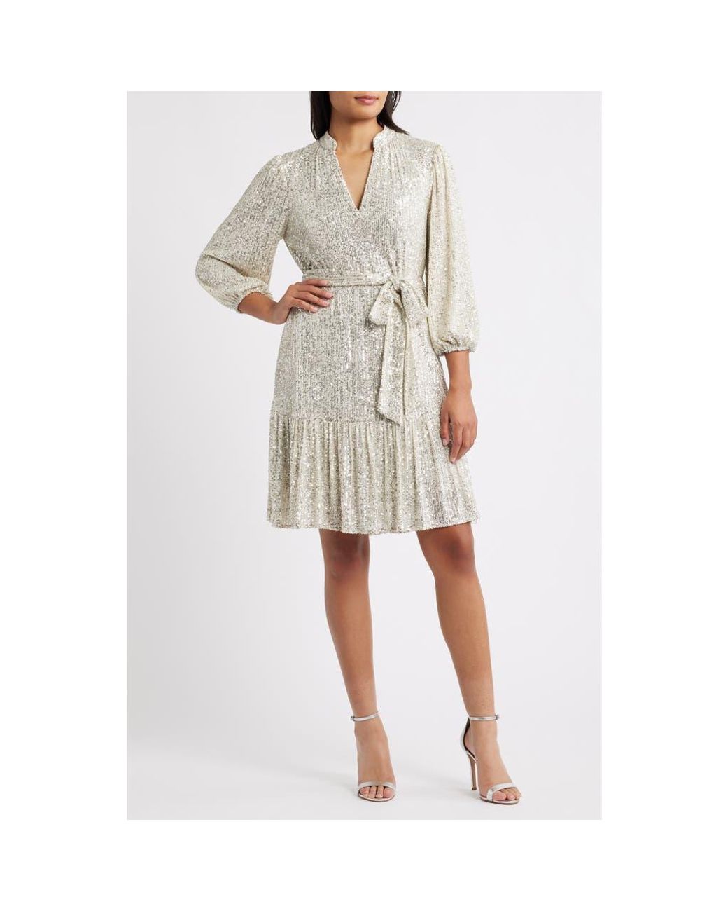 Eliza J Sequin Belted Dress in Natural | Lyst