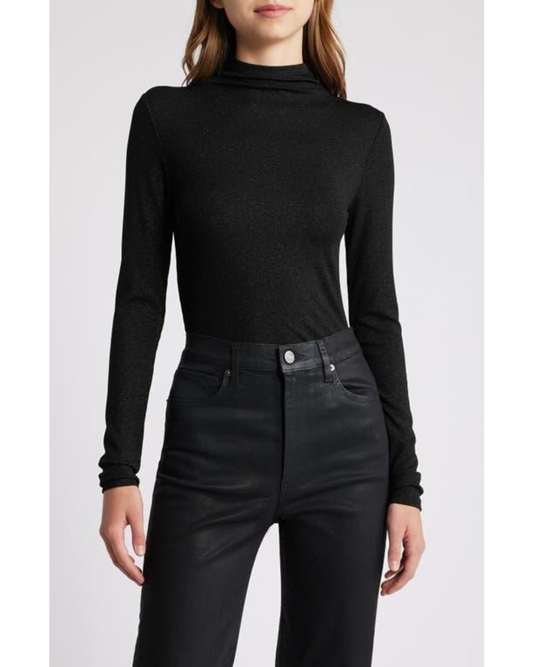 FRAME Metallic Funnel Neck Top in Black | Lyst