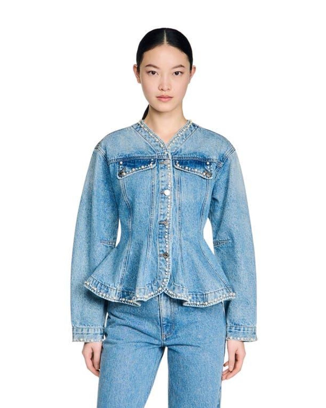 Sandro Beaded Denim Jacket in Blue | Lyst