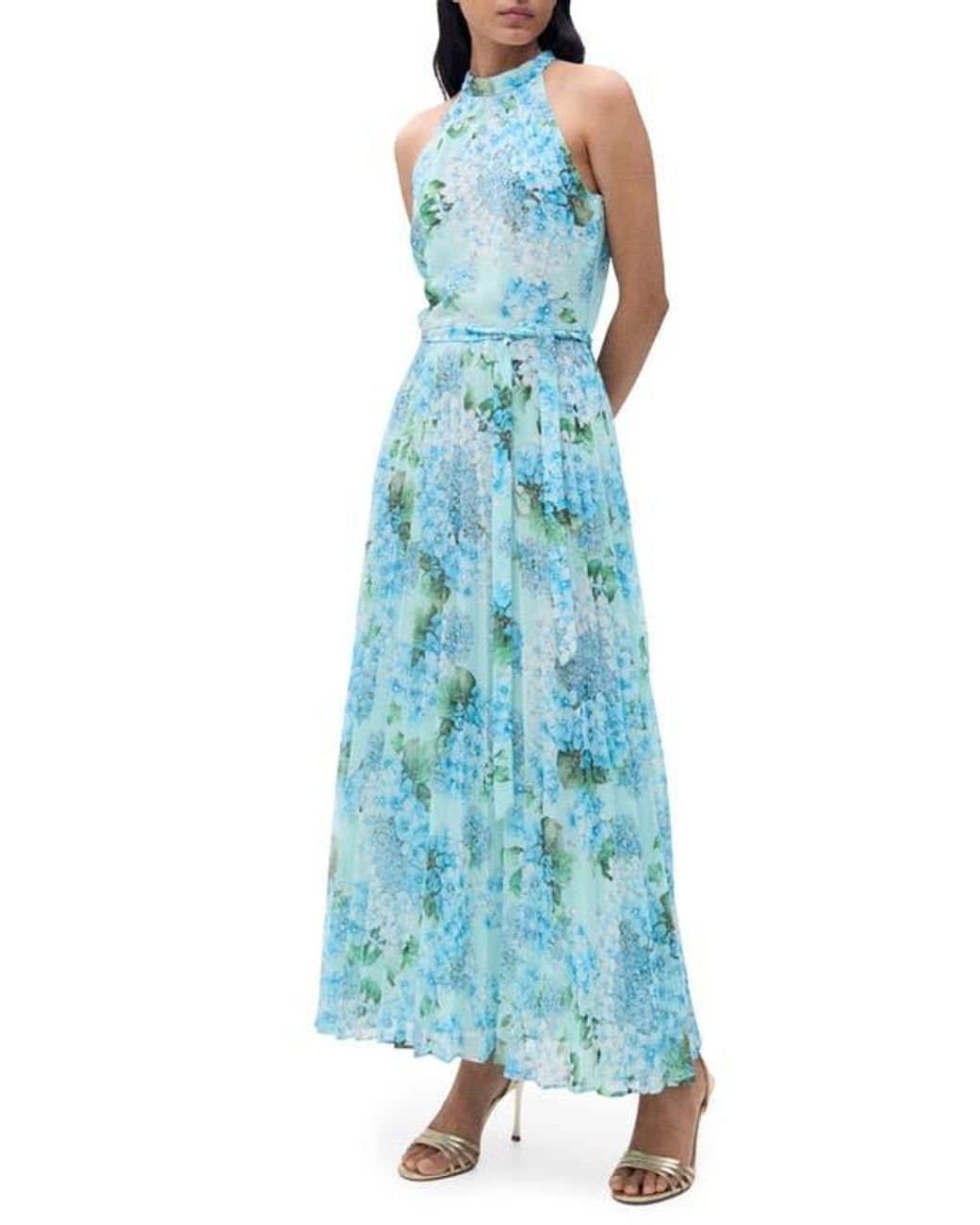 Mango Floral Pleated Chiffon Maxi Dress in Blue | Lyst