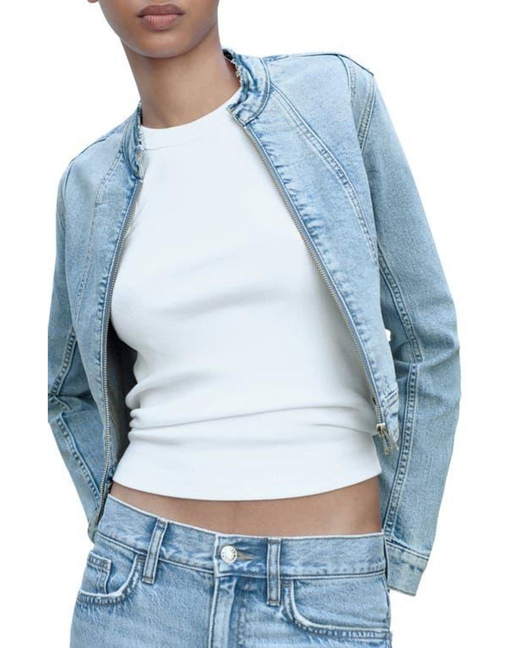 Mango Distressed Zip Denim Jacket in Blue | Lyst