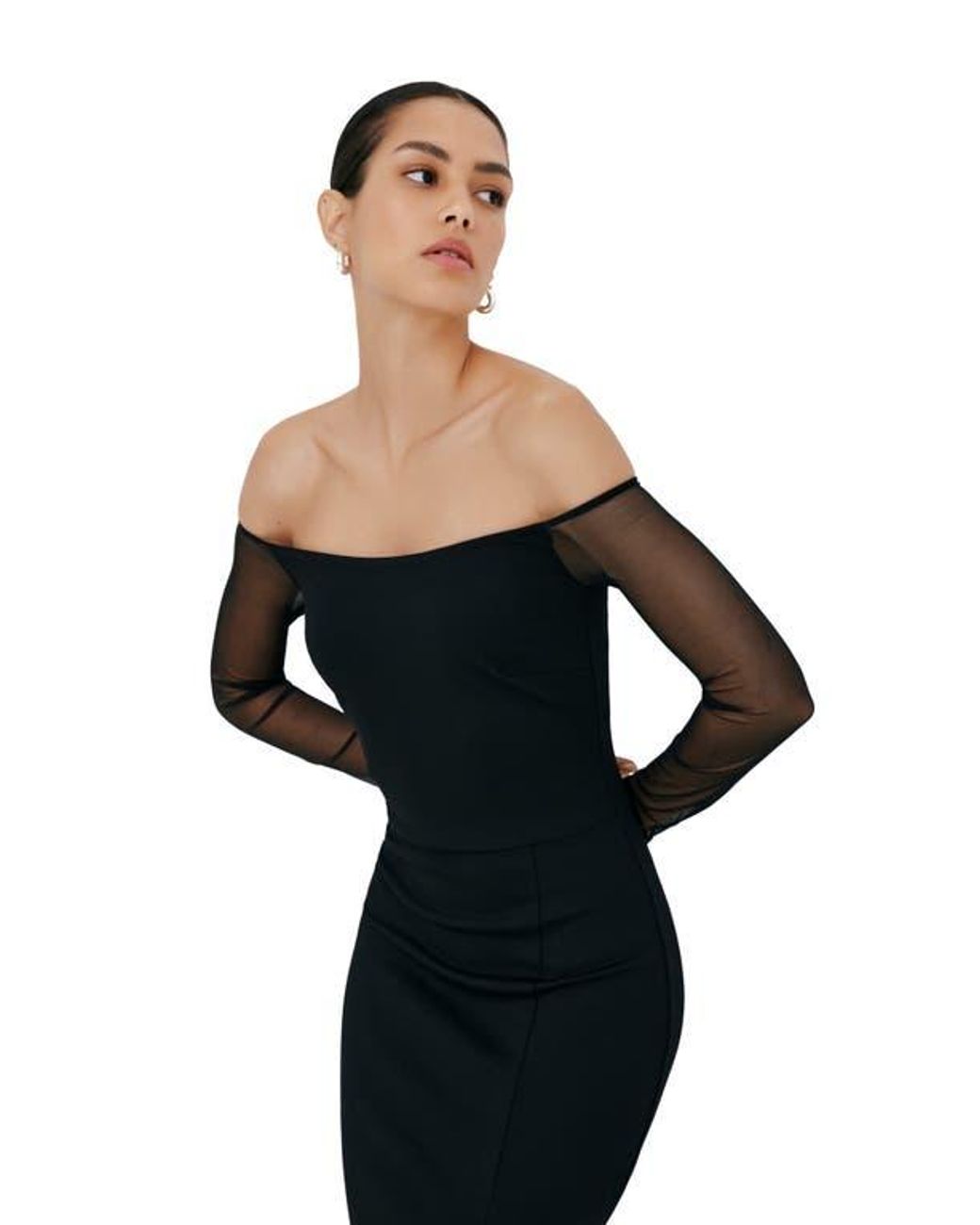 MARCELLA Marian Off The Shoulder Mesh Long Sleeve Gown in Black | Lyst