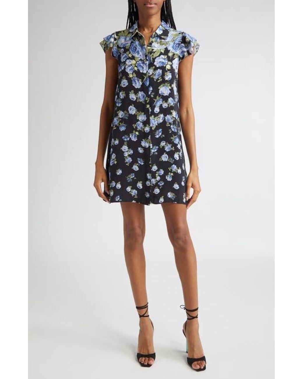 Alice + Olivia Jem Floral Ruffle Sleeve Mini Shirtdress in Blue | Lyst