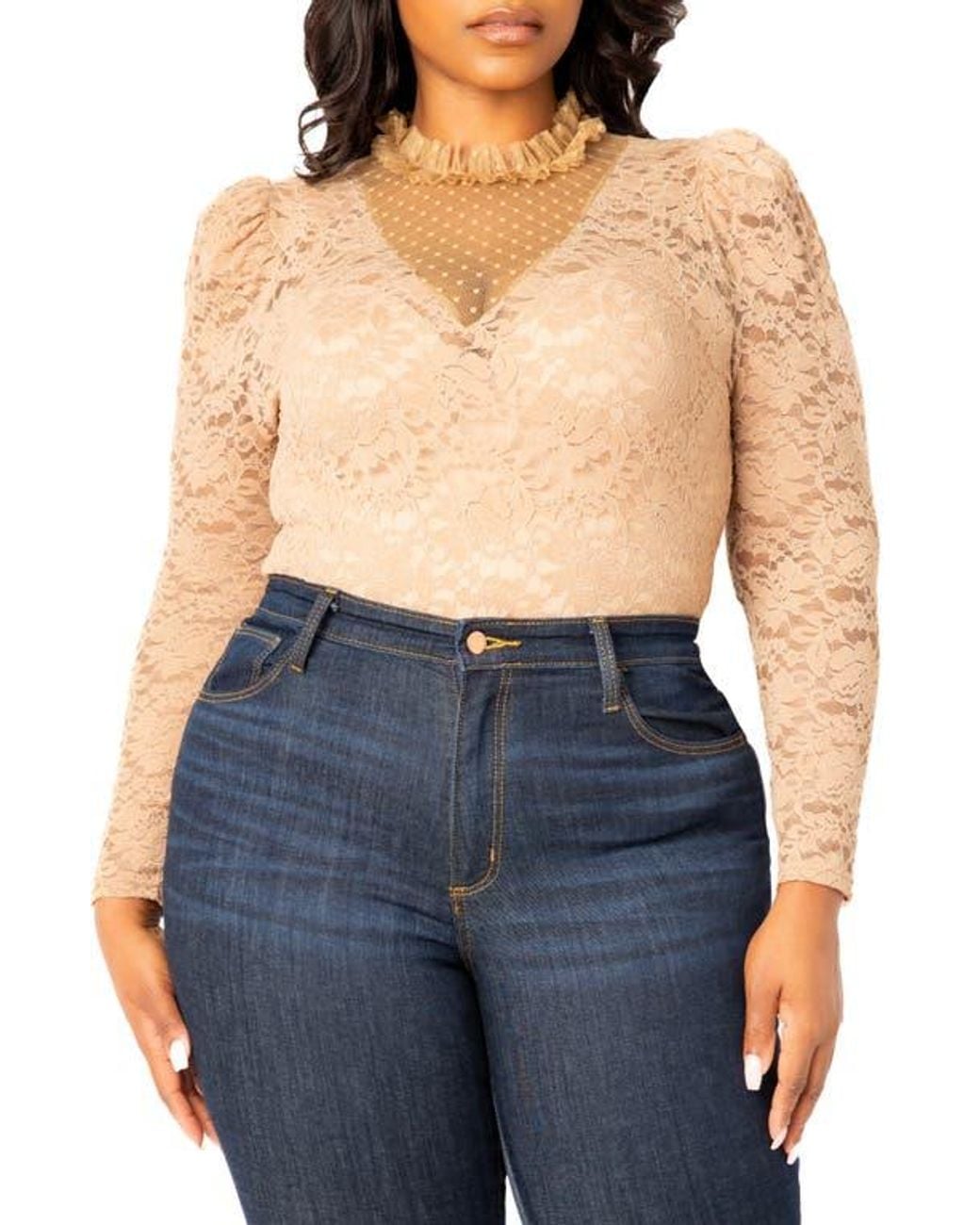 Buxom Couture Sheer Stretch Lace Long Sleeve Bodysuit in Blue | Lyst