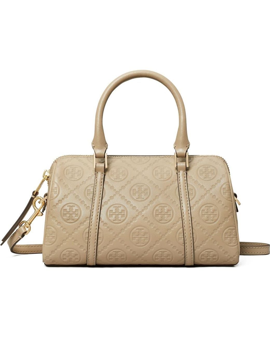 Tory Burch Mini T Monogram Leather Barrel Bag in Natural | Lyst