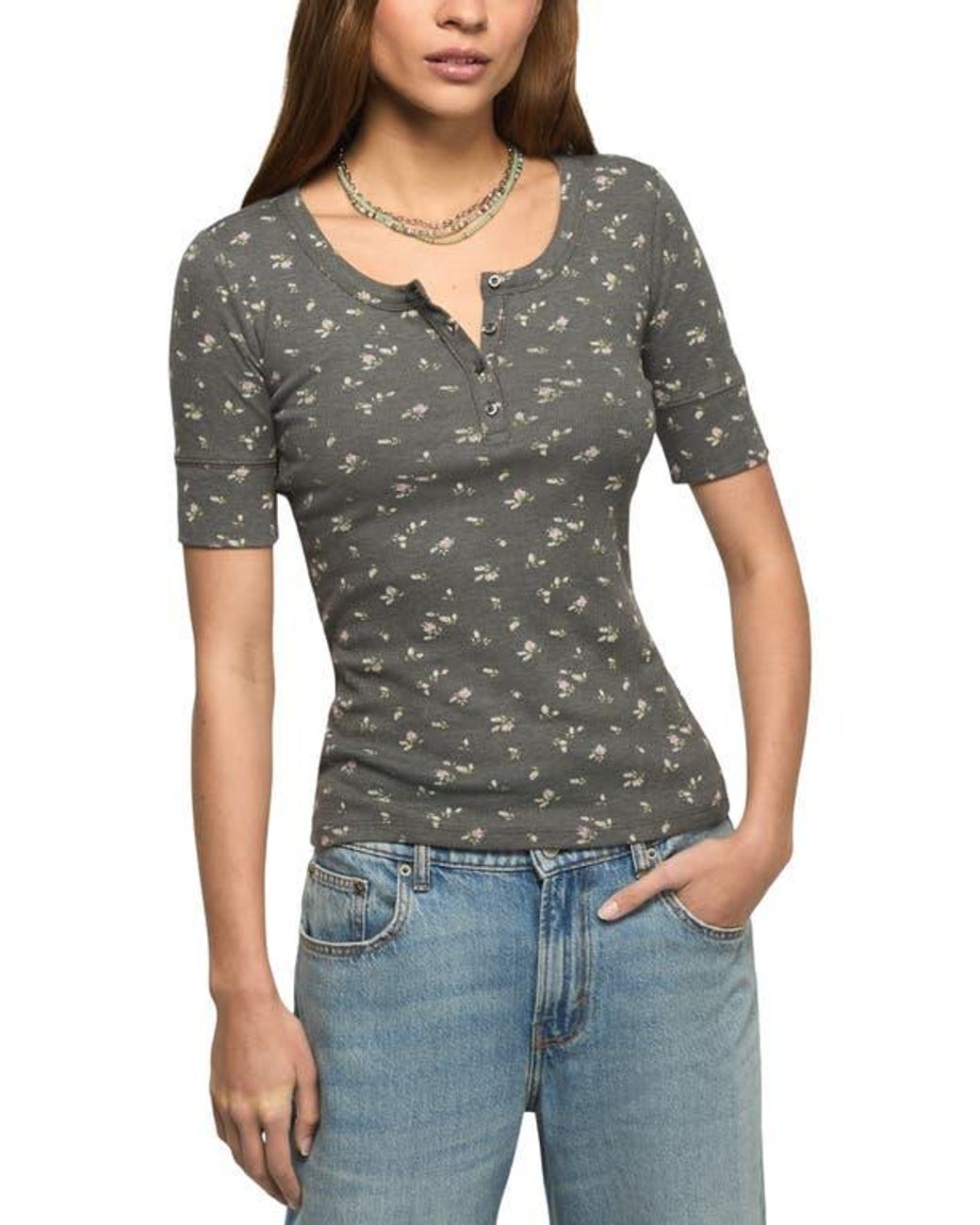Lucky Brand Rib Henley Top in Gray | Lyst
