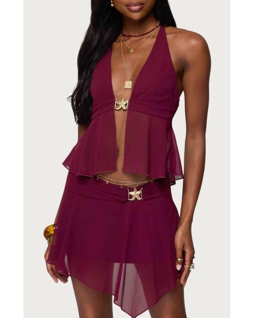 Edikted Sea Star Split Front Chiffon Halter Top in Red | Lyst