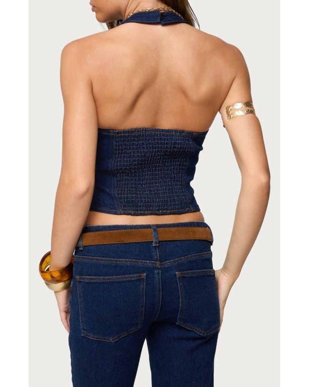 Edikted Jemma Contrast Stitch Denim Halter Top in Blue | Lyst