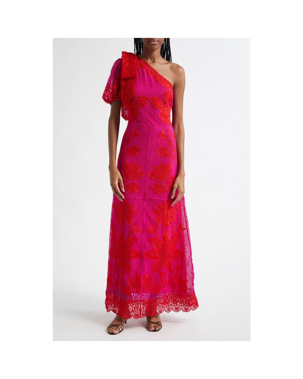 FARM Rio Guipuire Lace One-Shoulder Maxi Dress in Red | Lyst
