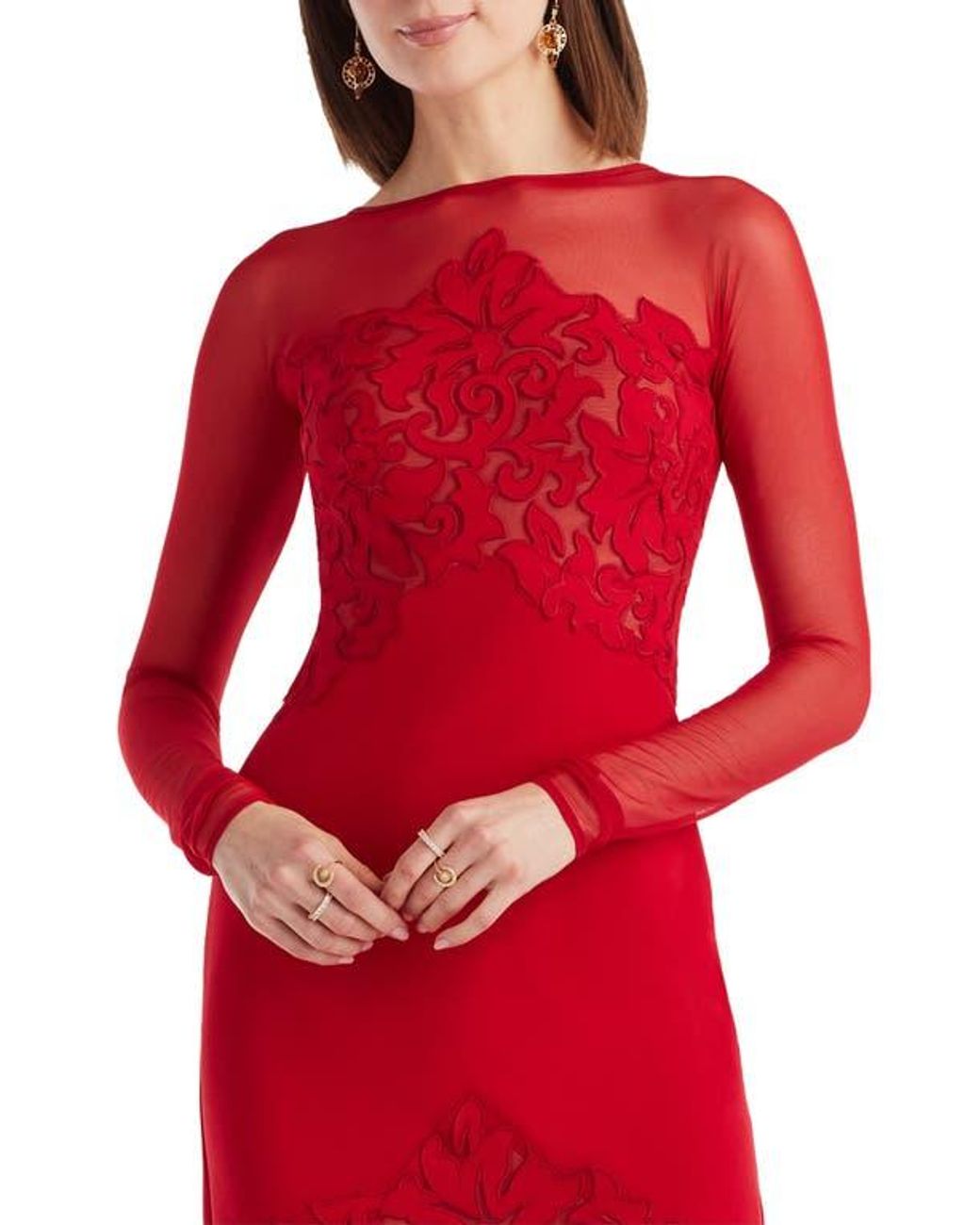 Tadashi Shoji Illusion Neck Laser Cut Long Sleeve Mesh Cocktail Dress ...