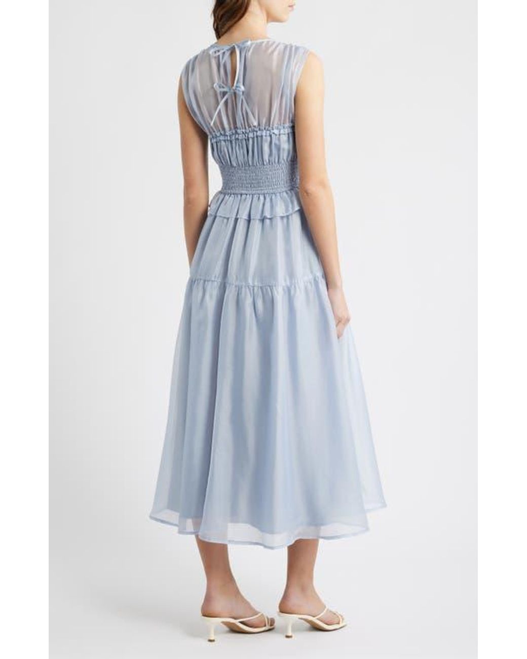 Moon River Semi Sheer Yoke Gathered Peplum Midi Dress in Blue | Lyst