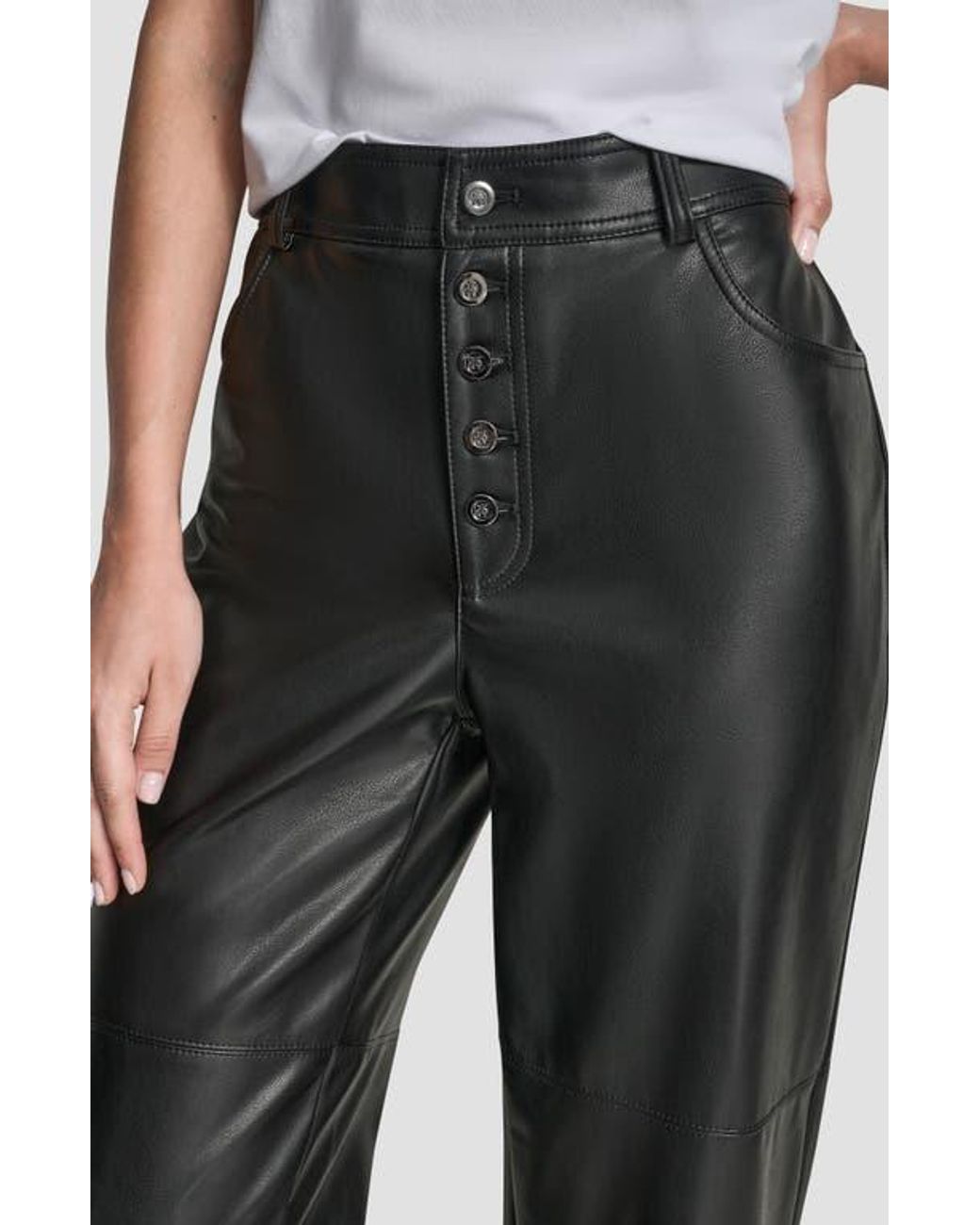 DKNY Button Fly Faux Leather Pants in Black | Lyst