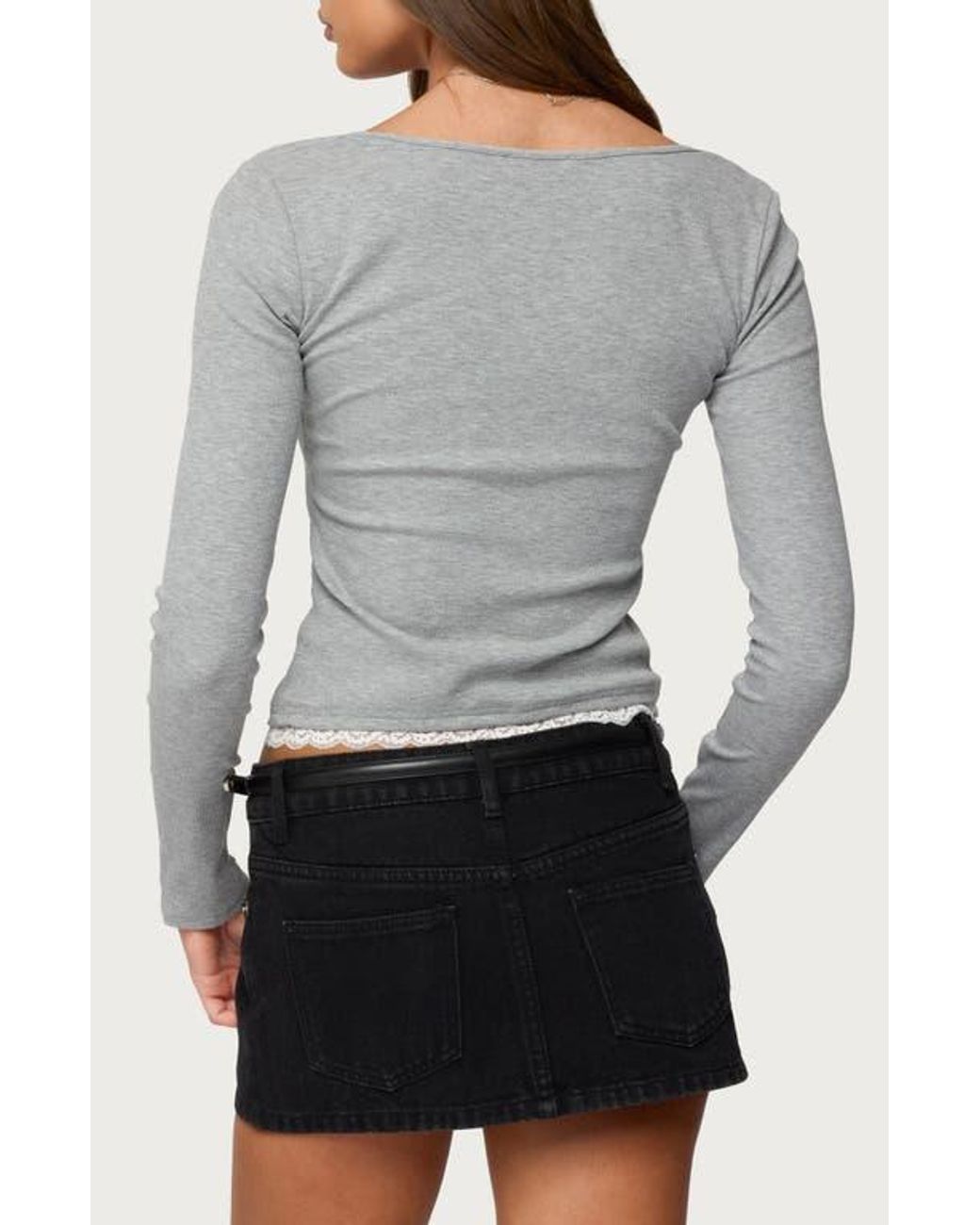Edikted Joana Layered Lacy Henley Top in Gray | Lyst