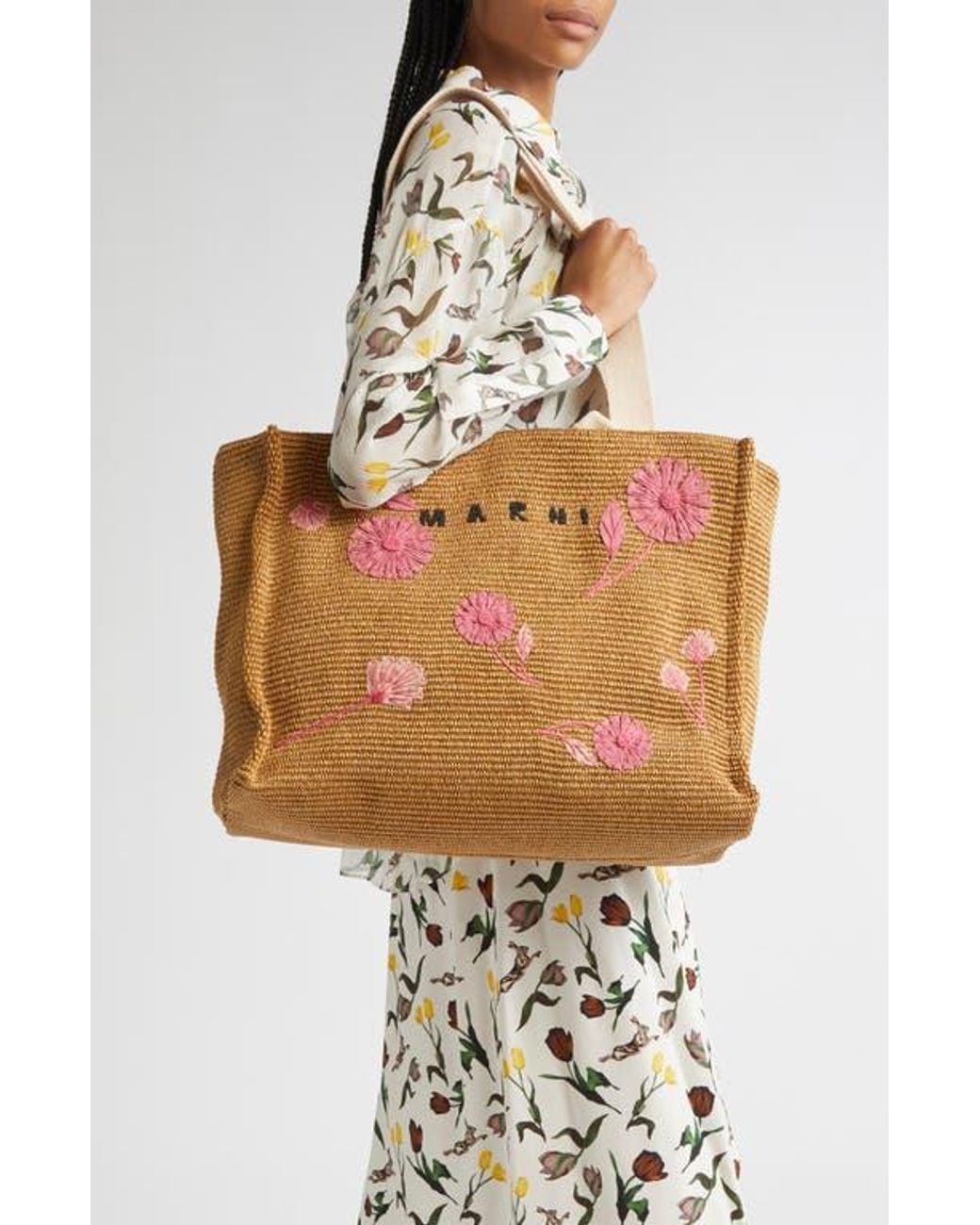 Marni Large Floral Embroidered Tote in Brown | Lyst