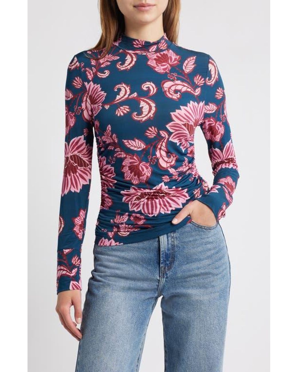 FARM Rio Flower Delicacy Ruched Jersey Top in Blue | Lyst